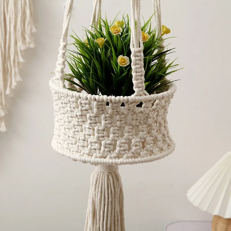 Panier cache pot en macramé de couleur blanche • Le Comptoir du Panier