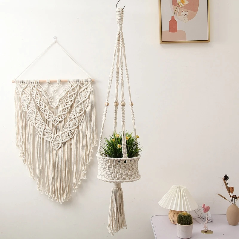 Panier cache pot en macramé de couleur blanche • Le Comptoir du Panier